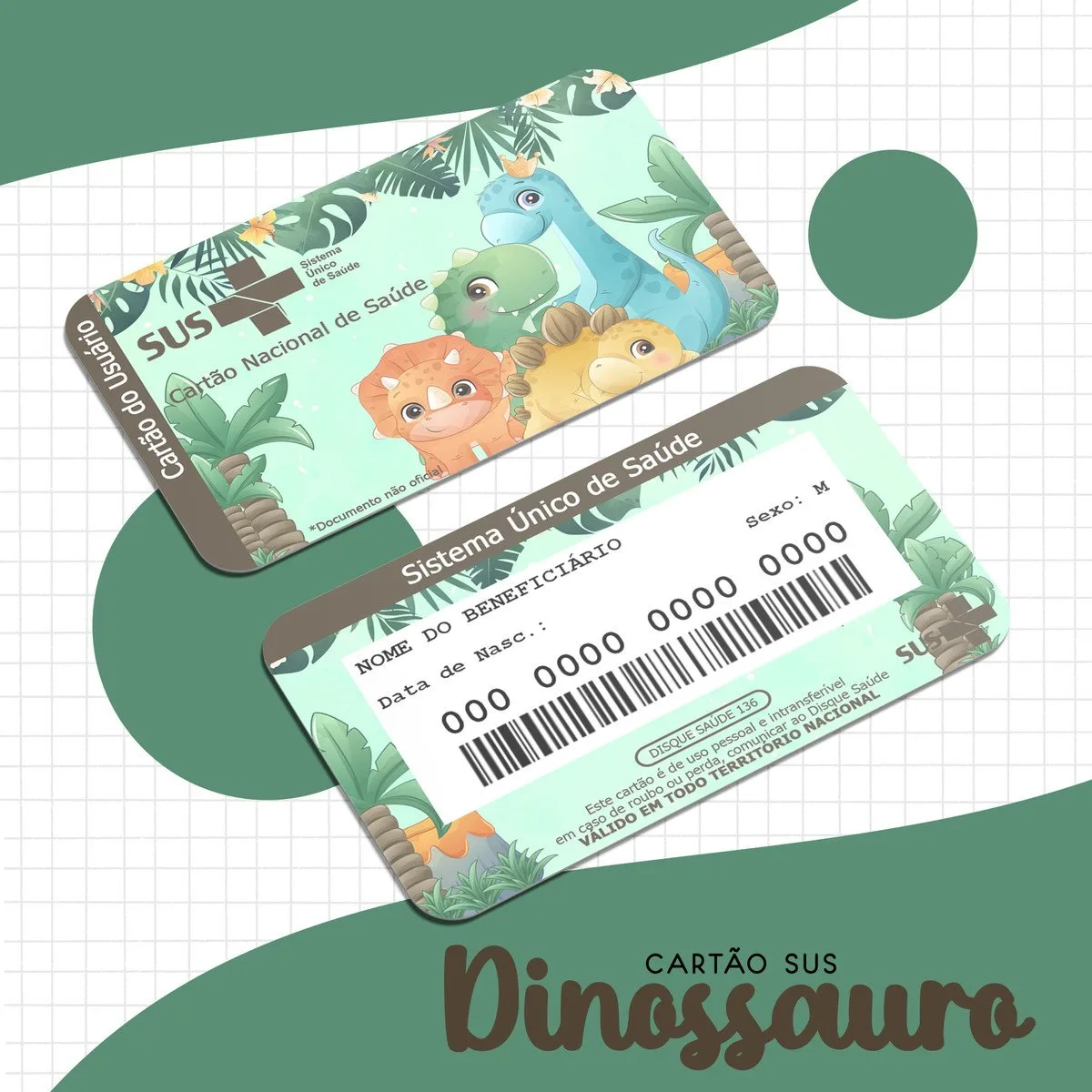 Cartão Sus Dinossauro Menino PNG com Fontes e Código Barras