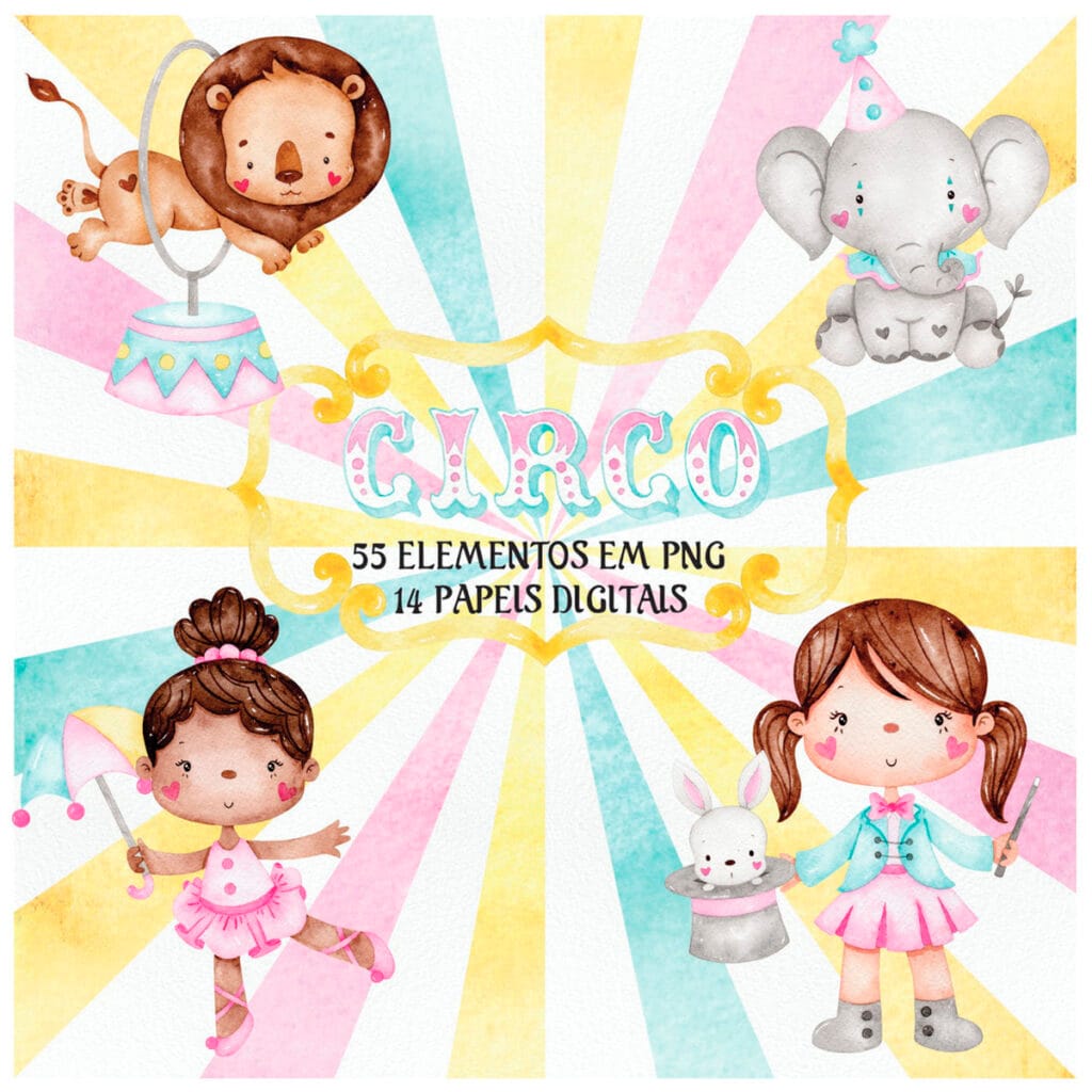 Kit Digital Circo Rosa Aquarelado Ilustrações Personalizados