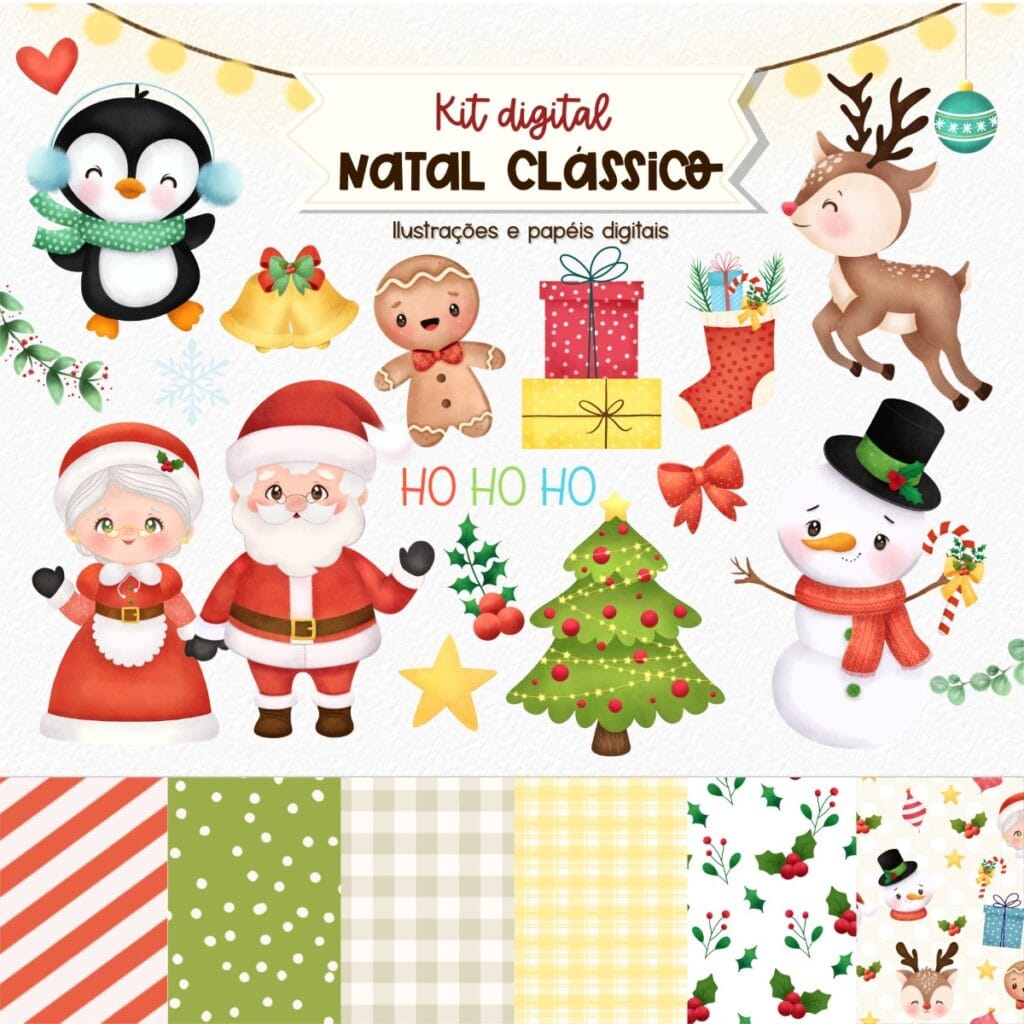 Kit Digital Natal Clássico Ilustrações e Frases Natalinas | Ilustrei Studio